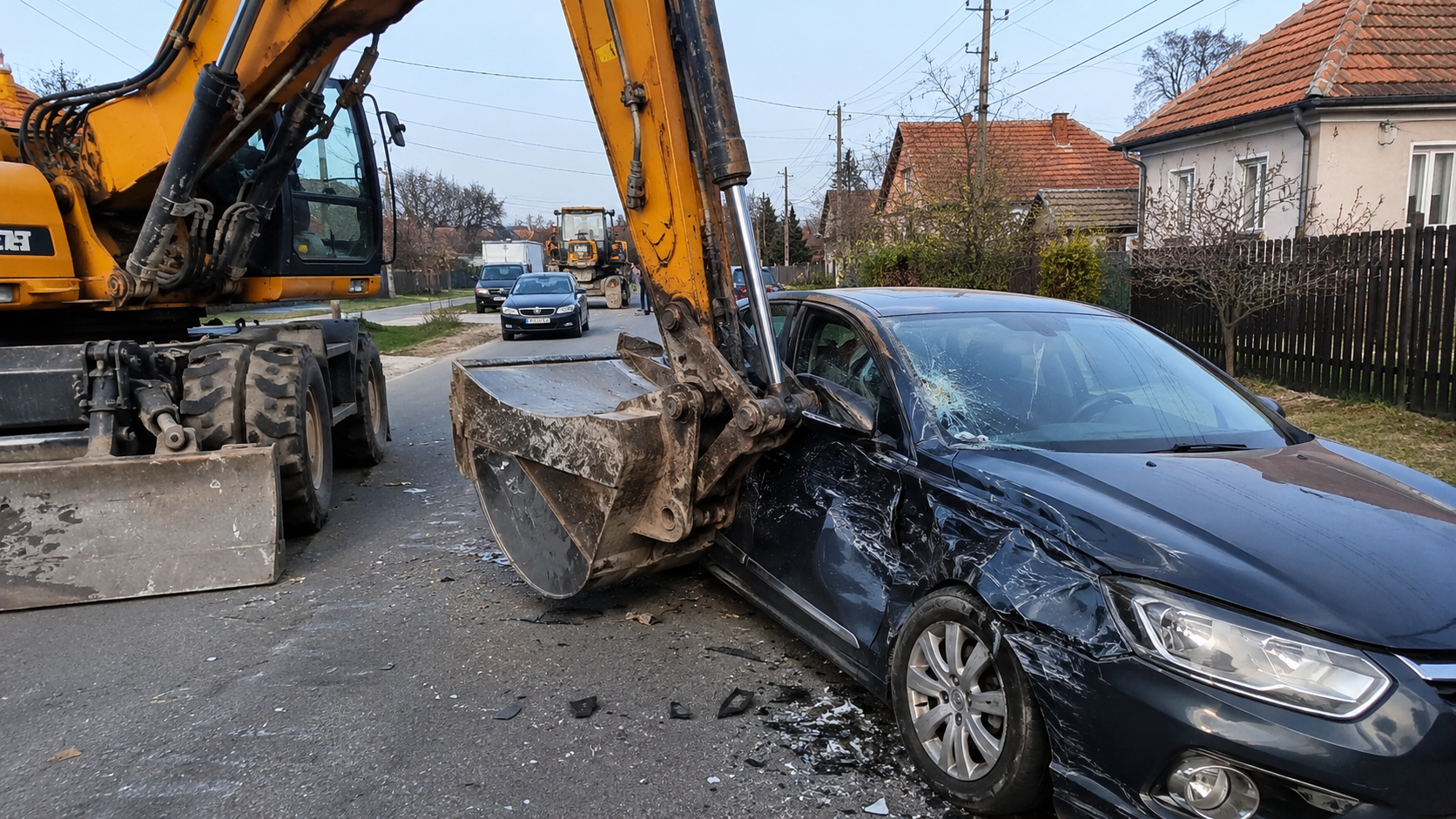 Mașină lovită de cupa unui excavator. Șoferul a ajuns la spital după ...